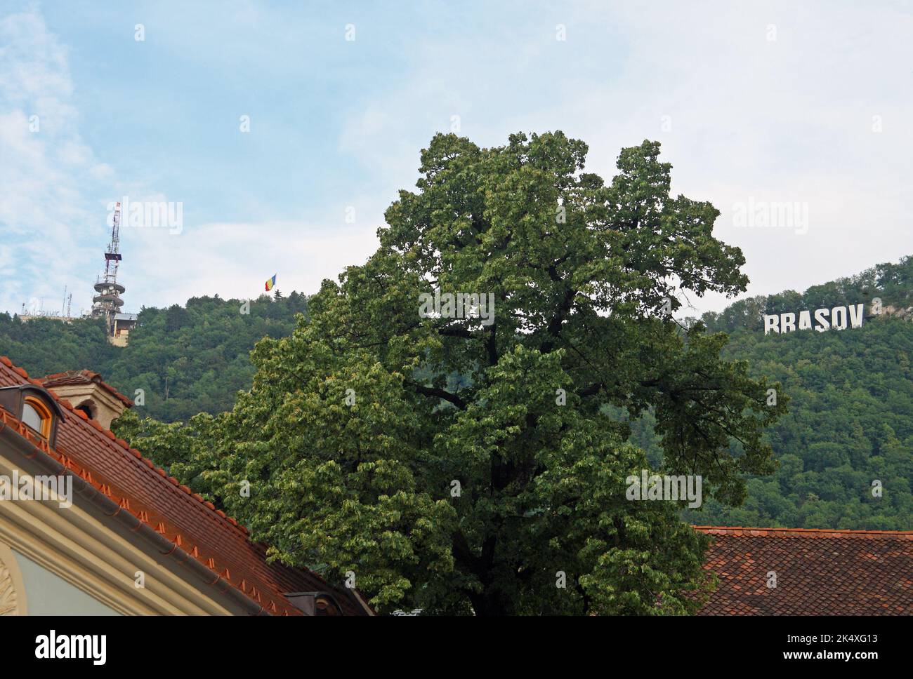 View of Brasov sign on top of Tampa Mountain, from the old town of ...