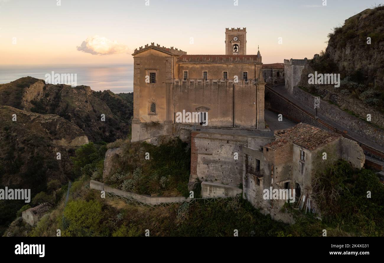 Savoca village in Sicily, Italy. Aerial view of Sicilian village Savoca ...
