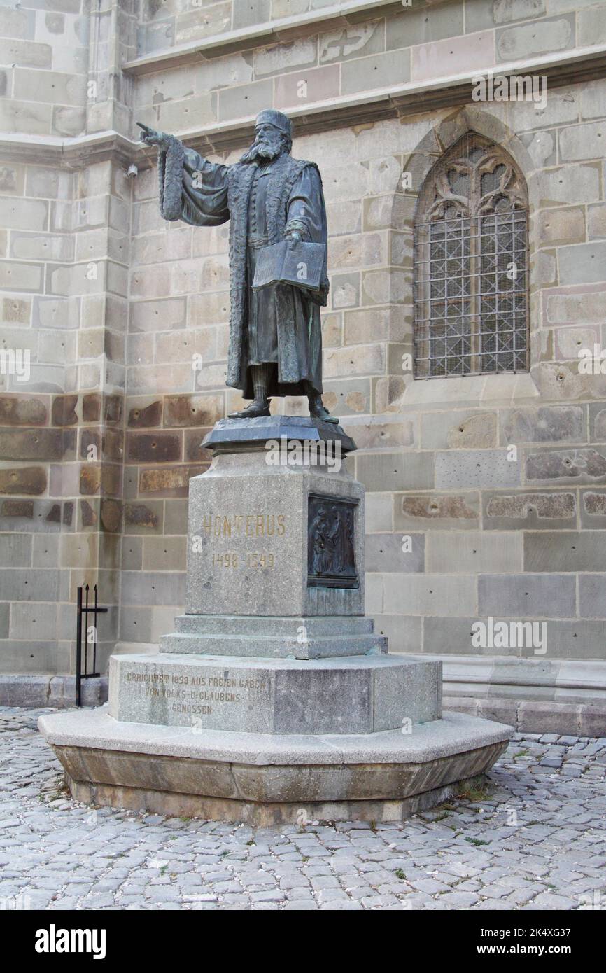 Statue of theologian Johannes Honterus, outside the 15th century Gothic ...