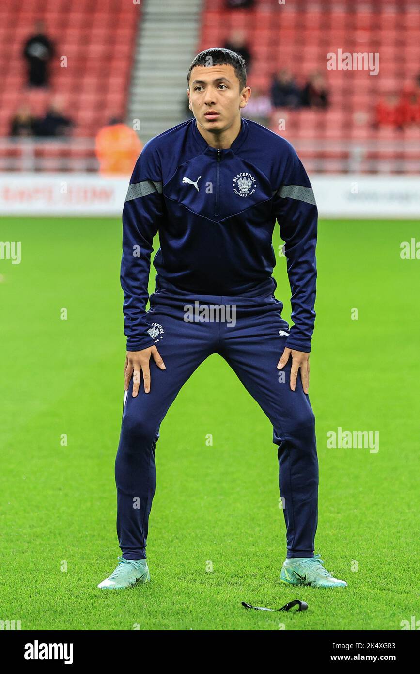 Ian Poveda #26 of Blackpool during the pre-game warmup before the Sky ...