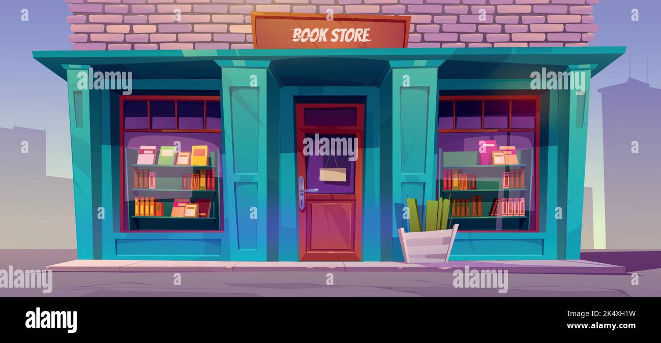 Books store in house on city street. Urban landscape with building ...