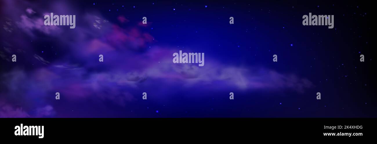 Dark blue sky with stars and fluffy clouds at night. Starry panorama of ...