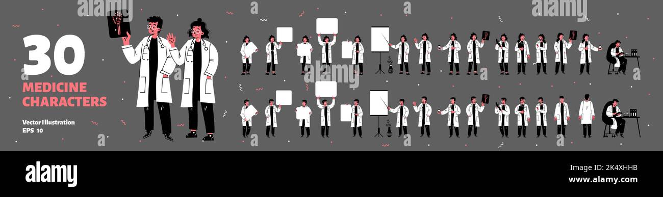 Set of 30 medical staff flat characters isolated on grey background ...