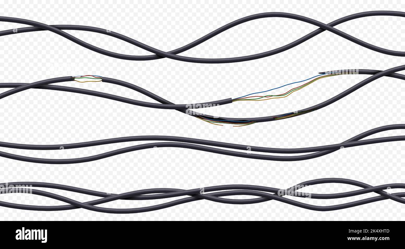 Electric wires, power cables in black plastic tubes. Curved 3d flexible ...