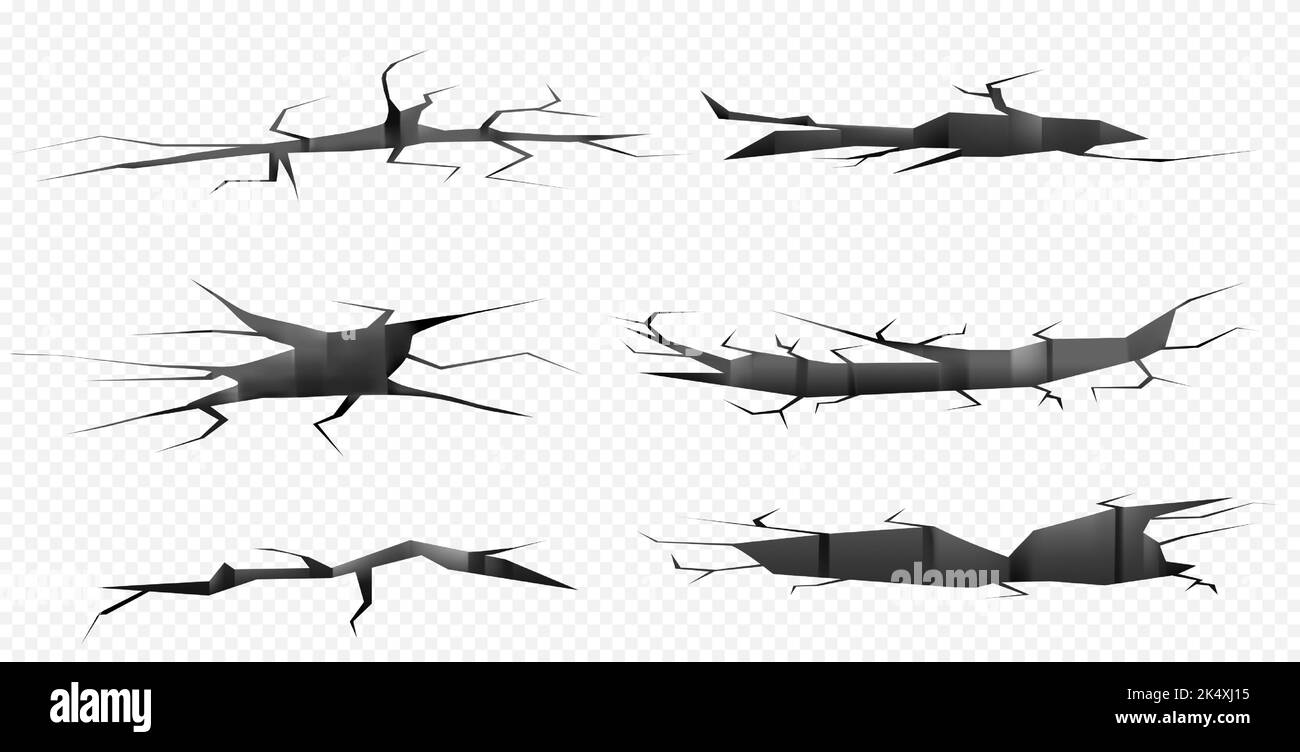 Ground cracks and holes perspective view. Earthquake cracking, ruined ...