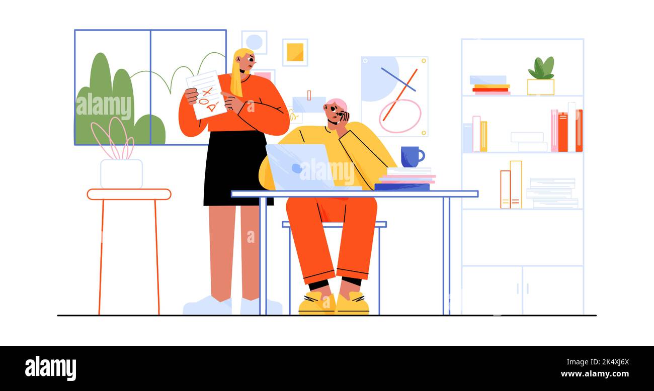 Strict female boss criticizing male employee for mistakes at work ...