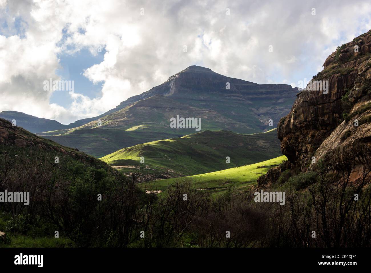 Looking up at a single mountain peak in the early morning light in the ...