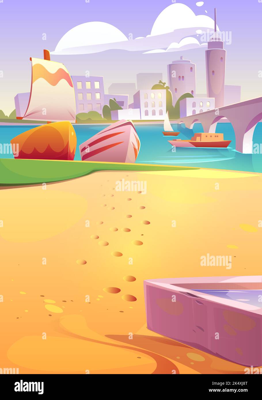 Boats and sailboats moored at sandy river or bay beach with bridge and ...