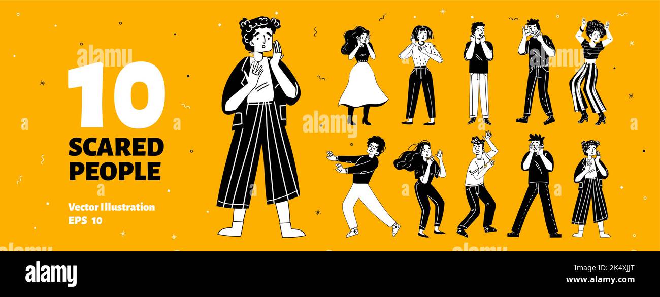 Set of frightened people, scared men and women in shock and panic ...