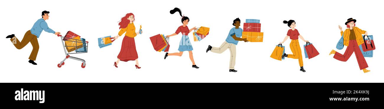 People run to sale in store, mall or market. Diverse excited men and ...