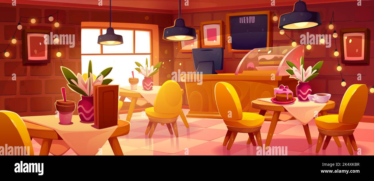 Cozy cafe interior, coffee shop, cafeteria or bakery with sweets on ...