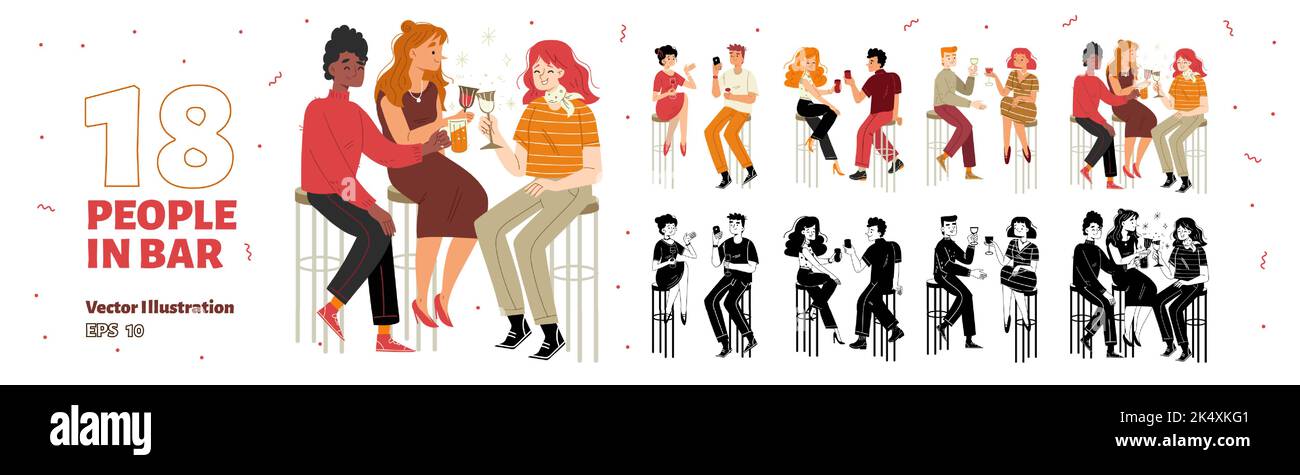 Set of happy people sitting in bar. Collection of male, female flat ...