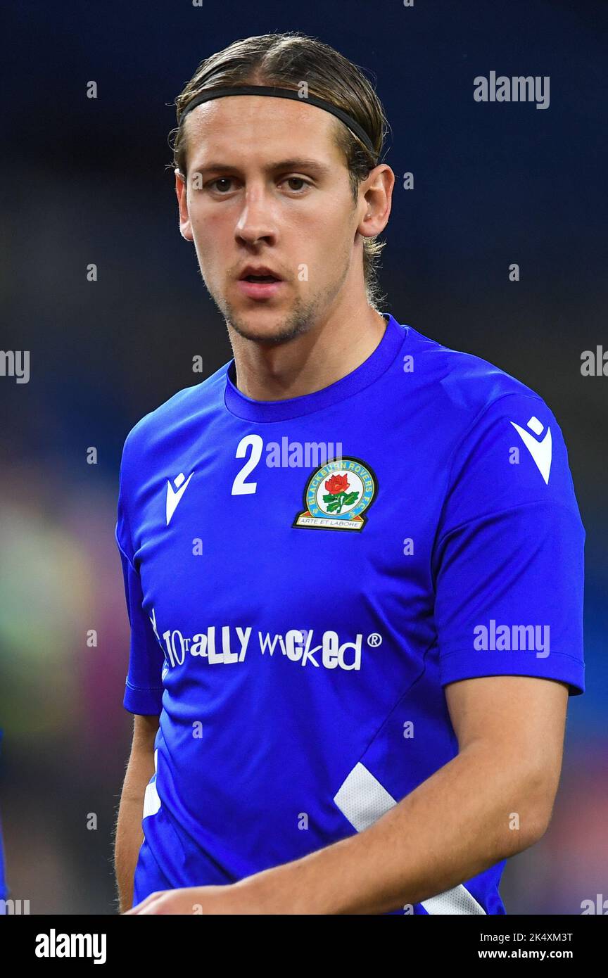Callum Brittain #2 of Blackburn Rovers during the pre-game warmup ...