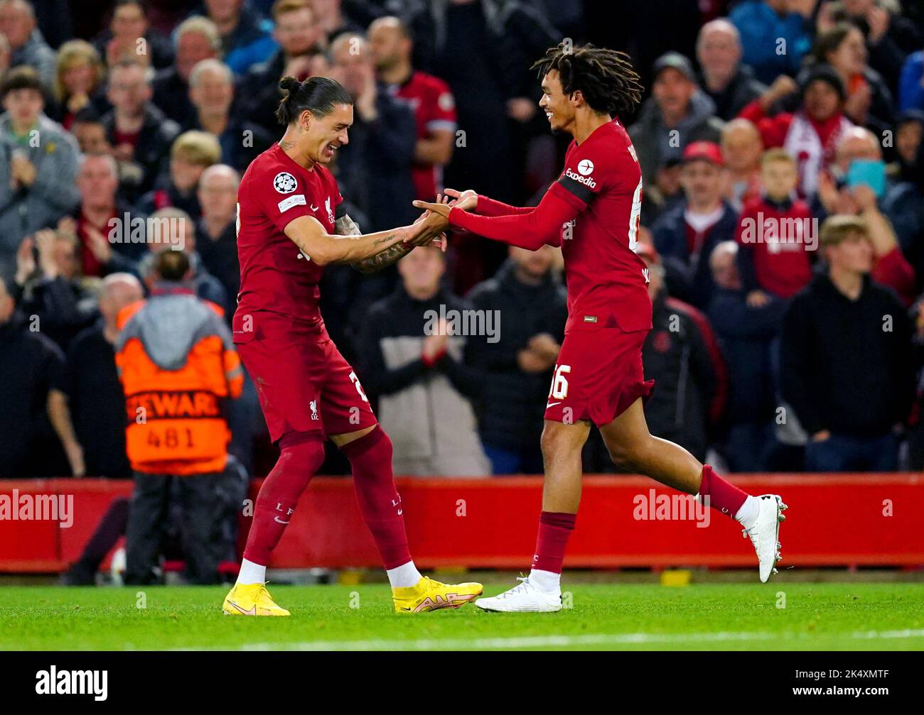 Liverpool's Trent Alexander-Arnold (right) celebrates with team-mate ...