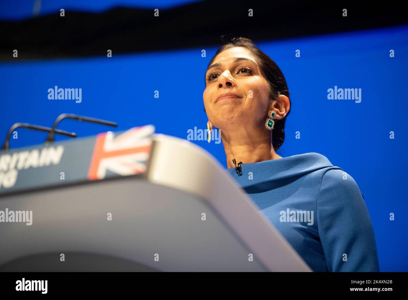Birmingham, UK. 4 October 2022. UK Home Secretary Suella Braverman ...