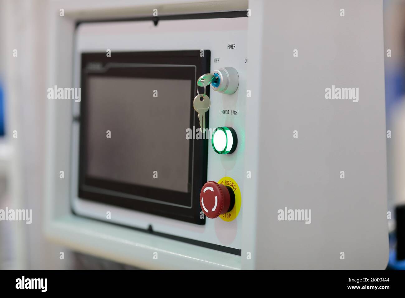 Industrial remote control console with touchscreen. Selective focus ...