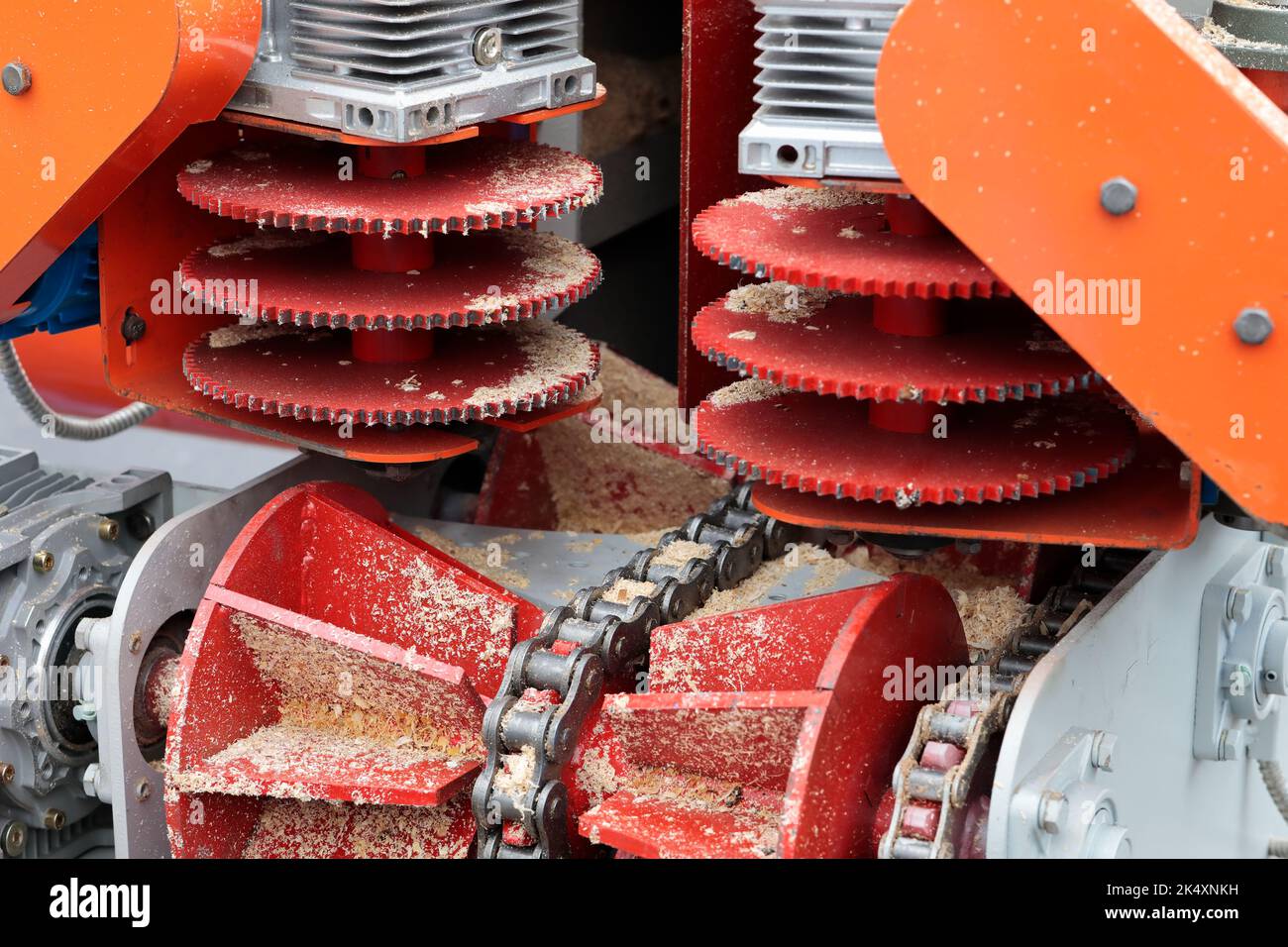 Log feed conveyor for saw machine at sawmill. Selective focus Stock ...