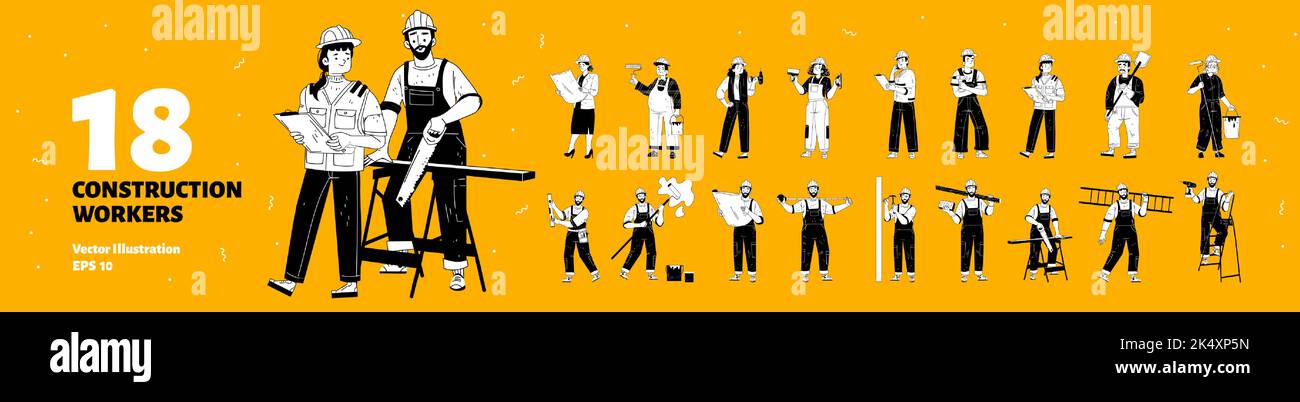 Set of 18 construction workers isolated on yellow. Flat female and male ...