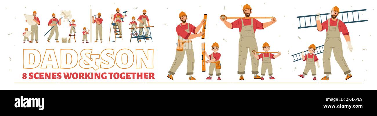 Dad and son in handyman uniform and helmet working together. Boy help ...