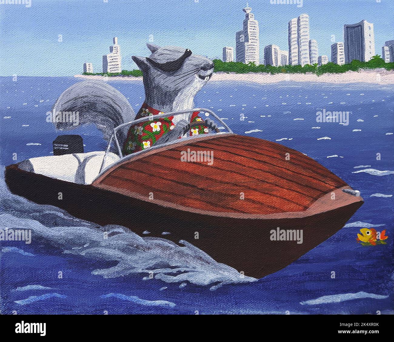 A squirrel drives a speedboat through the ocean offshore of a Floridian ...