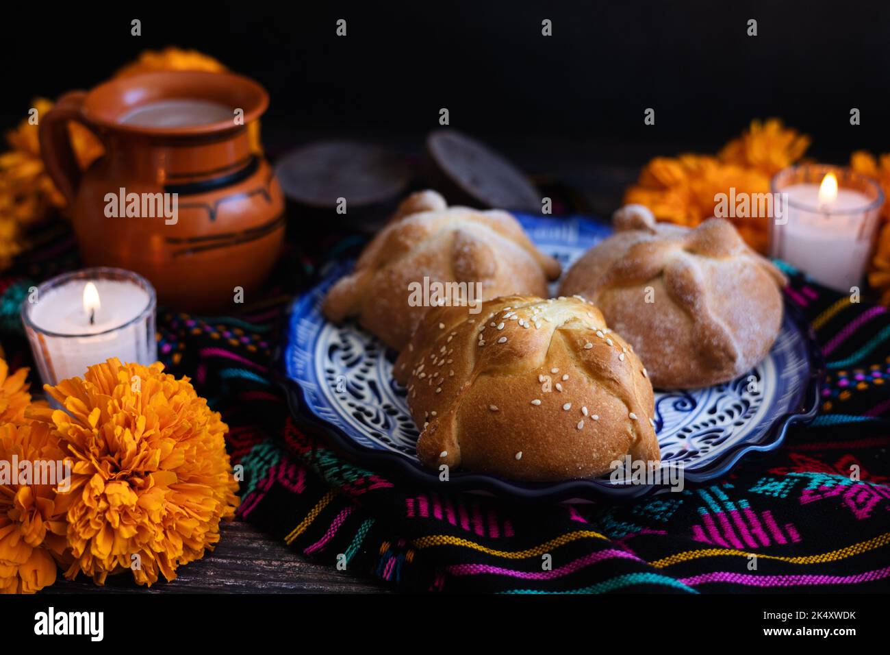 Mexican bread on Altar with sugar skull and hot chocolate traditional ...