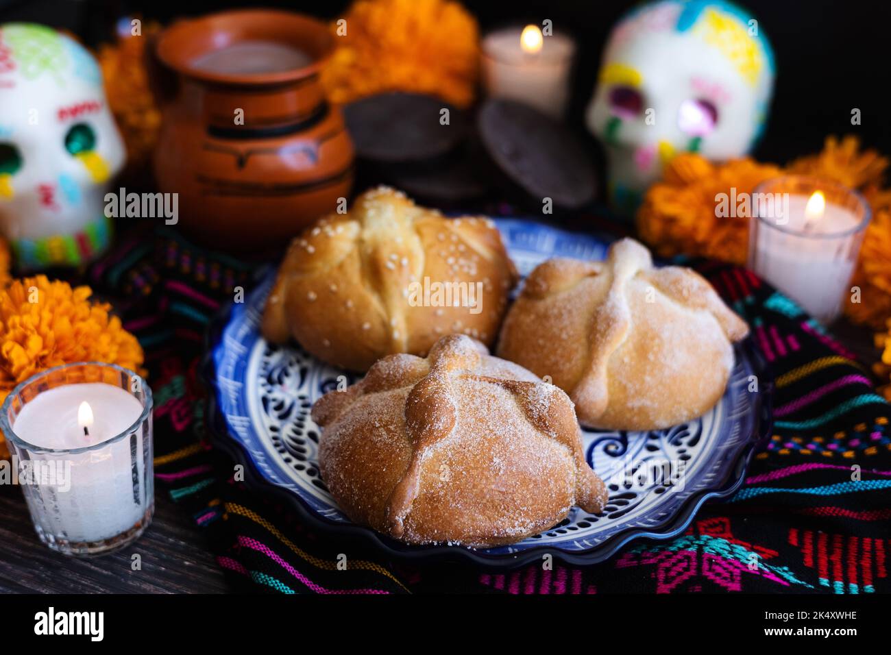 Mexican bread on Altar with sugar skull and hot chocolate traditional ...