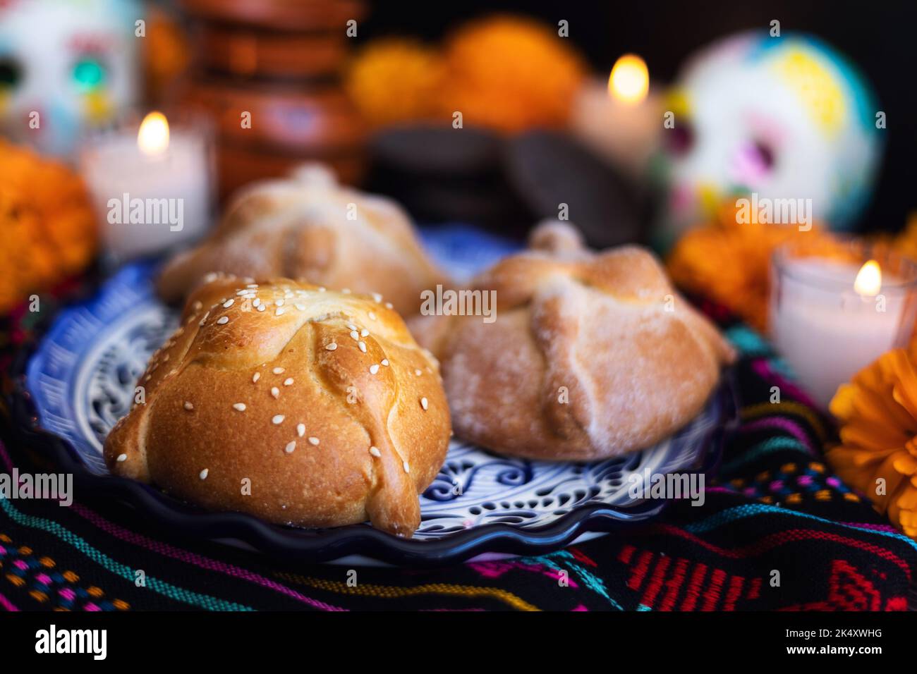 Mexican bread on Altar with sugar skull and hot chocolate traditional ...