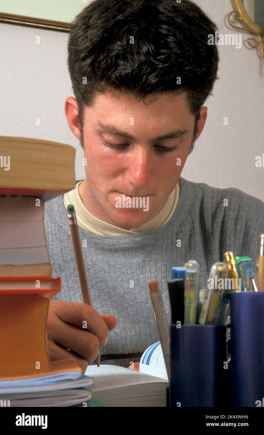teenage boy doing homework Stock Photo - Alamy