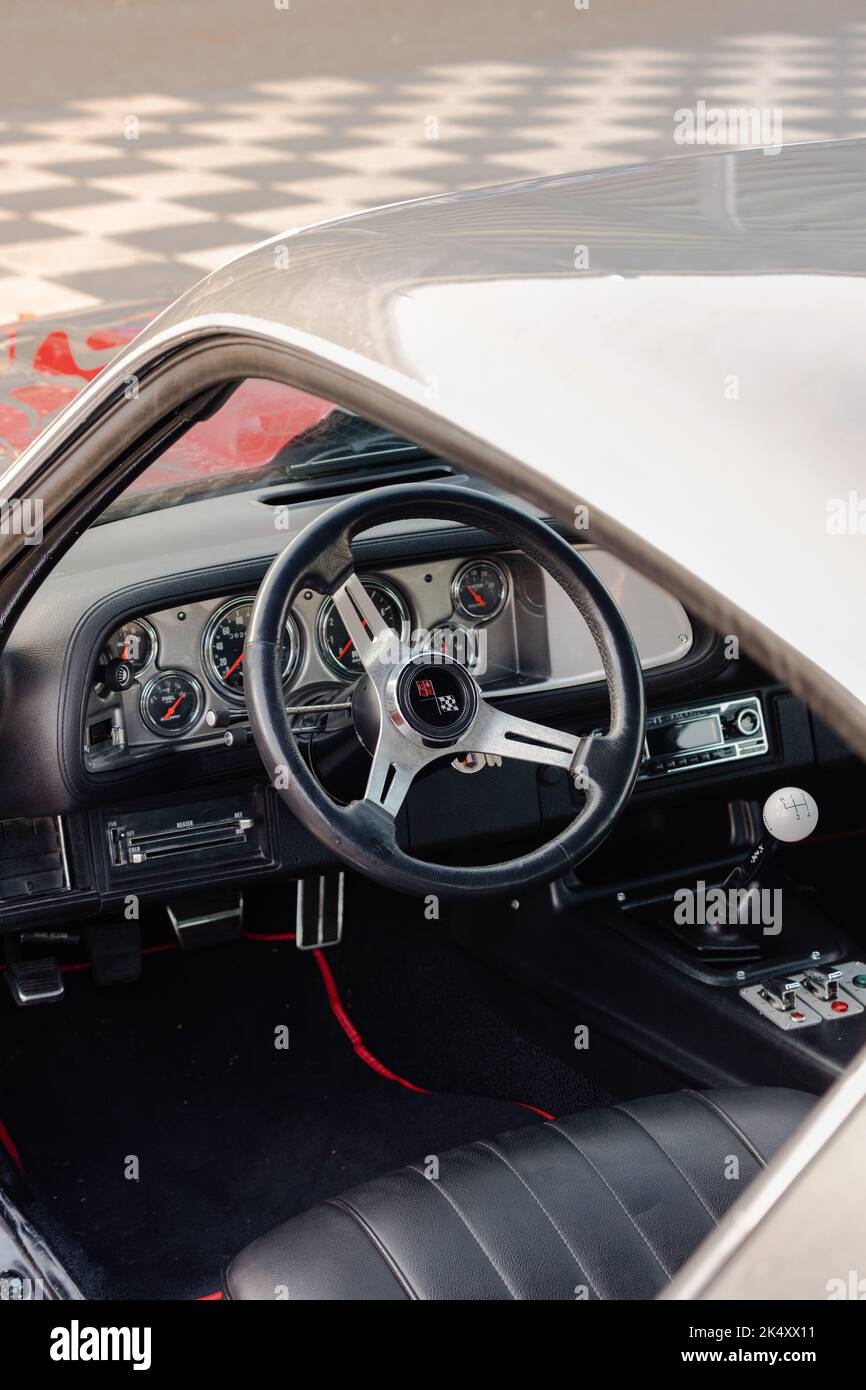An inside view of a classic race car at Assen TT Racetrack in the ...