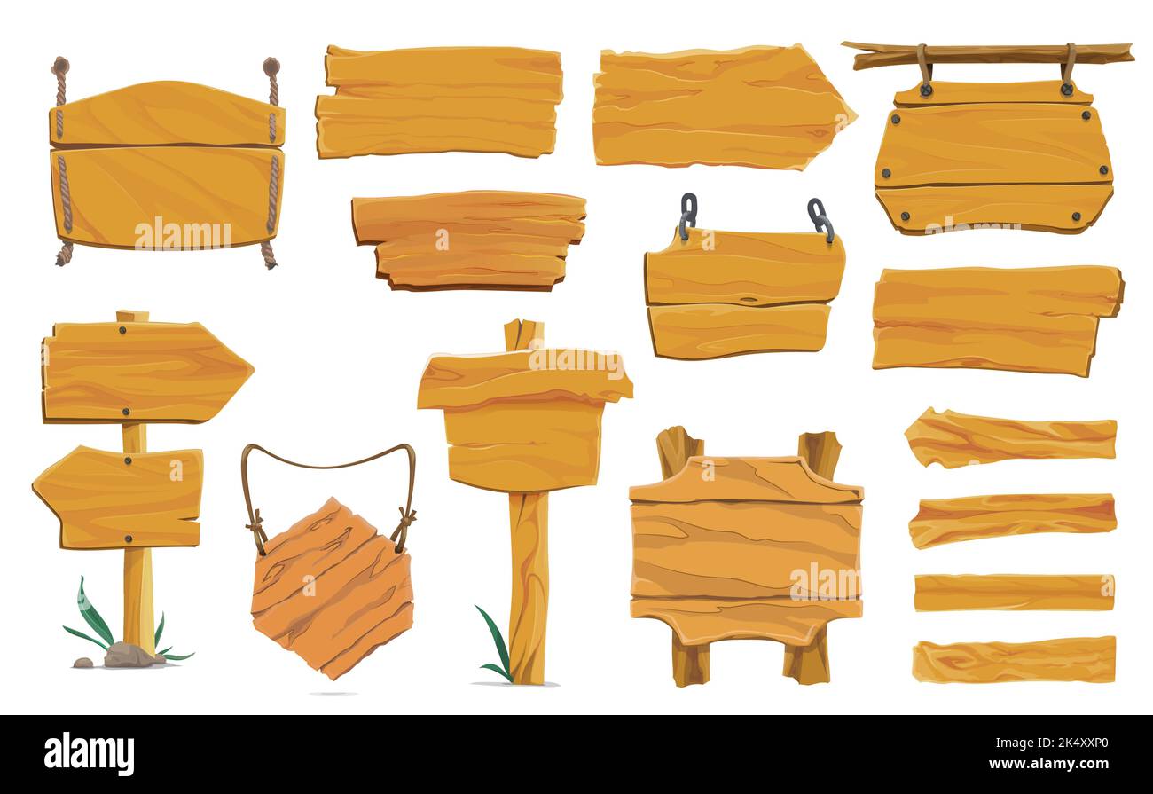 Cartoon wooden signs, vector wood planks, boards, banners and ...