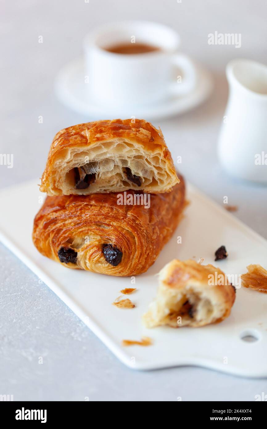 pain au chocolat, french sweet pastry speciality, side view Stock Photo ...