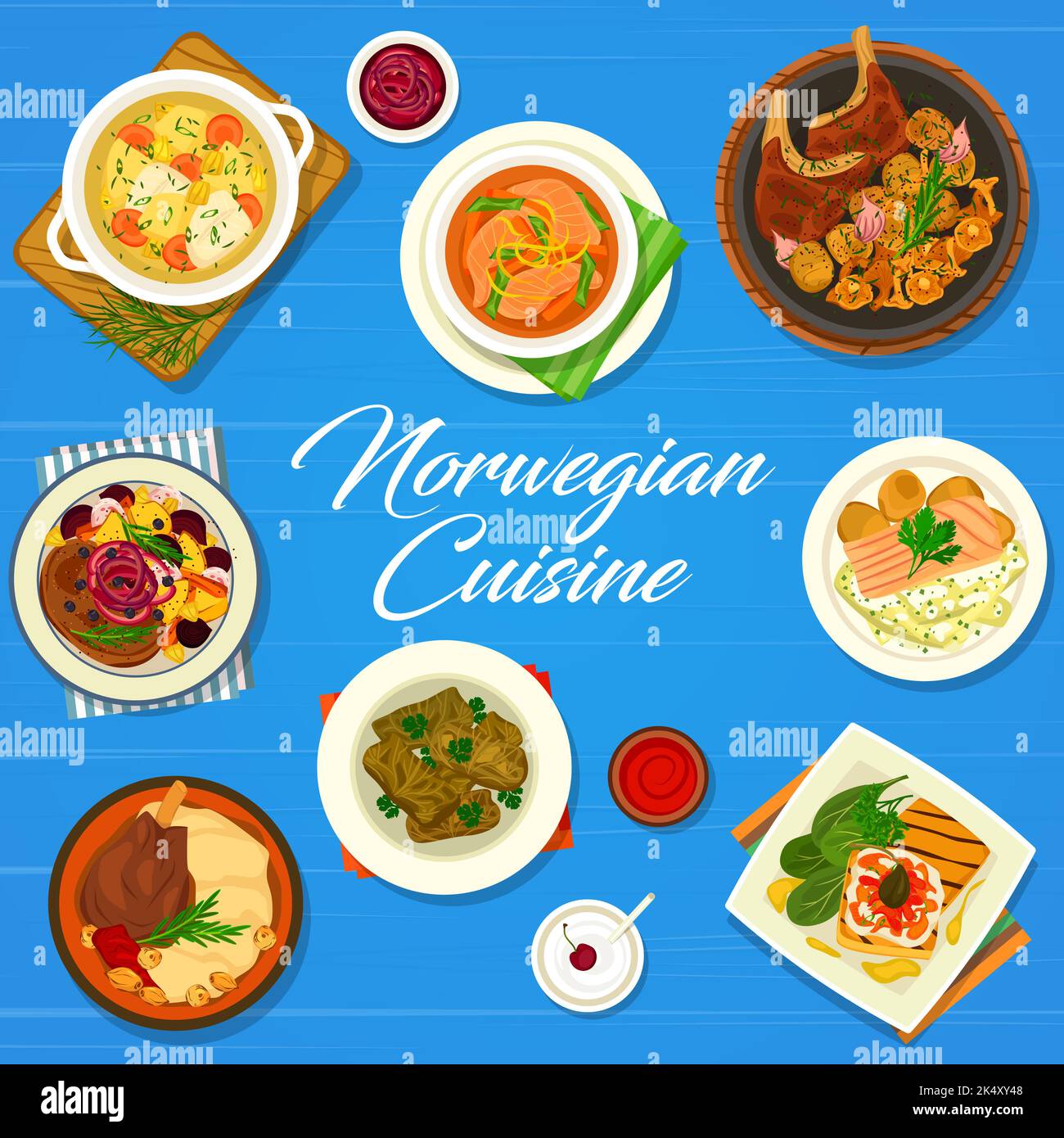 Norwegian cuisine menu cover with vector meat dishes, fish soup and ...