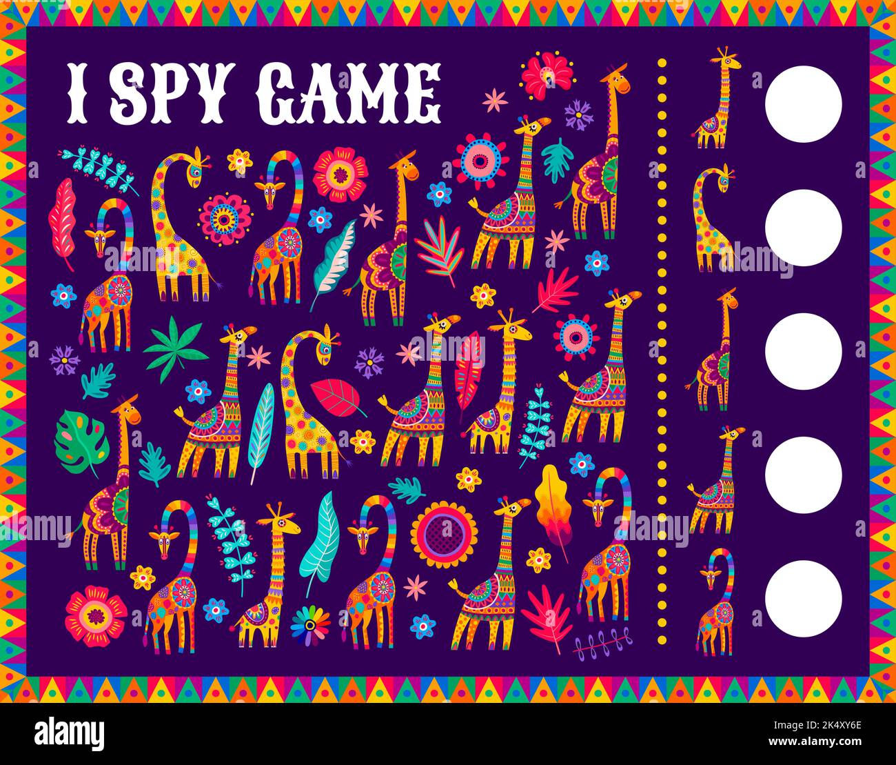 I spy kids game worksheet with african giraffes, flowers and leaves ...