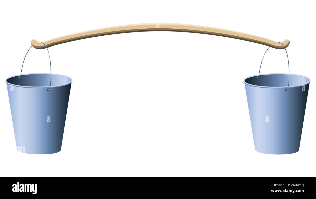 Two metal buckets on wooden yoke isolated on white background. Vector ...