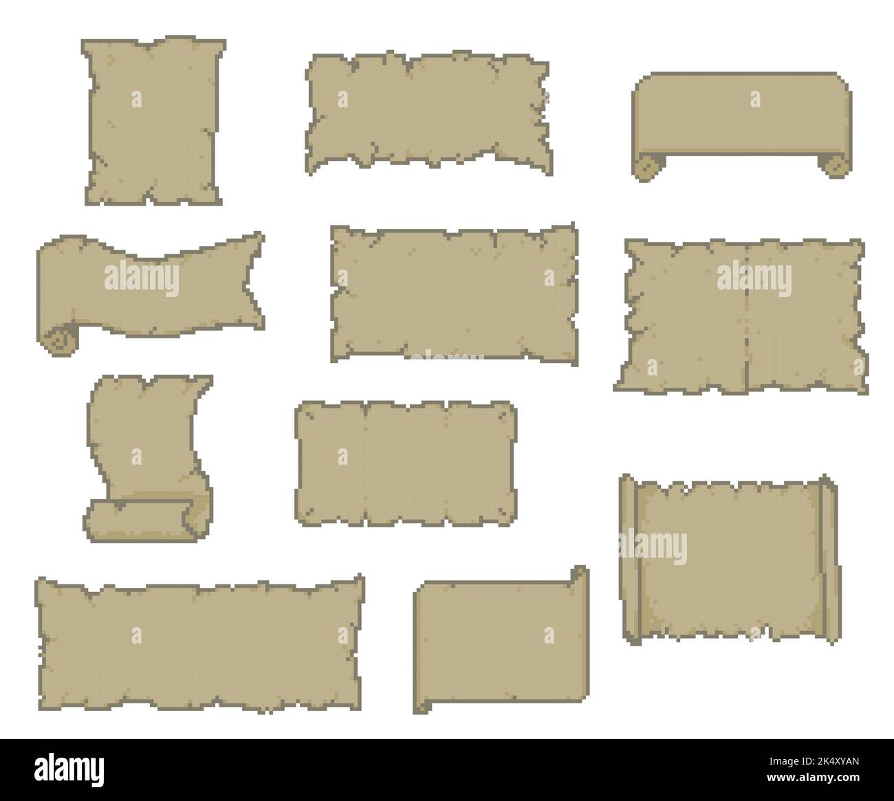 Pixel game manuscript ribbons and scrolls, vector game asset with cubic ...