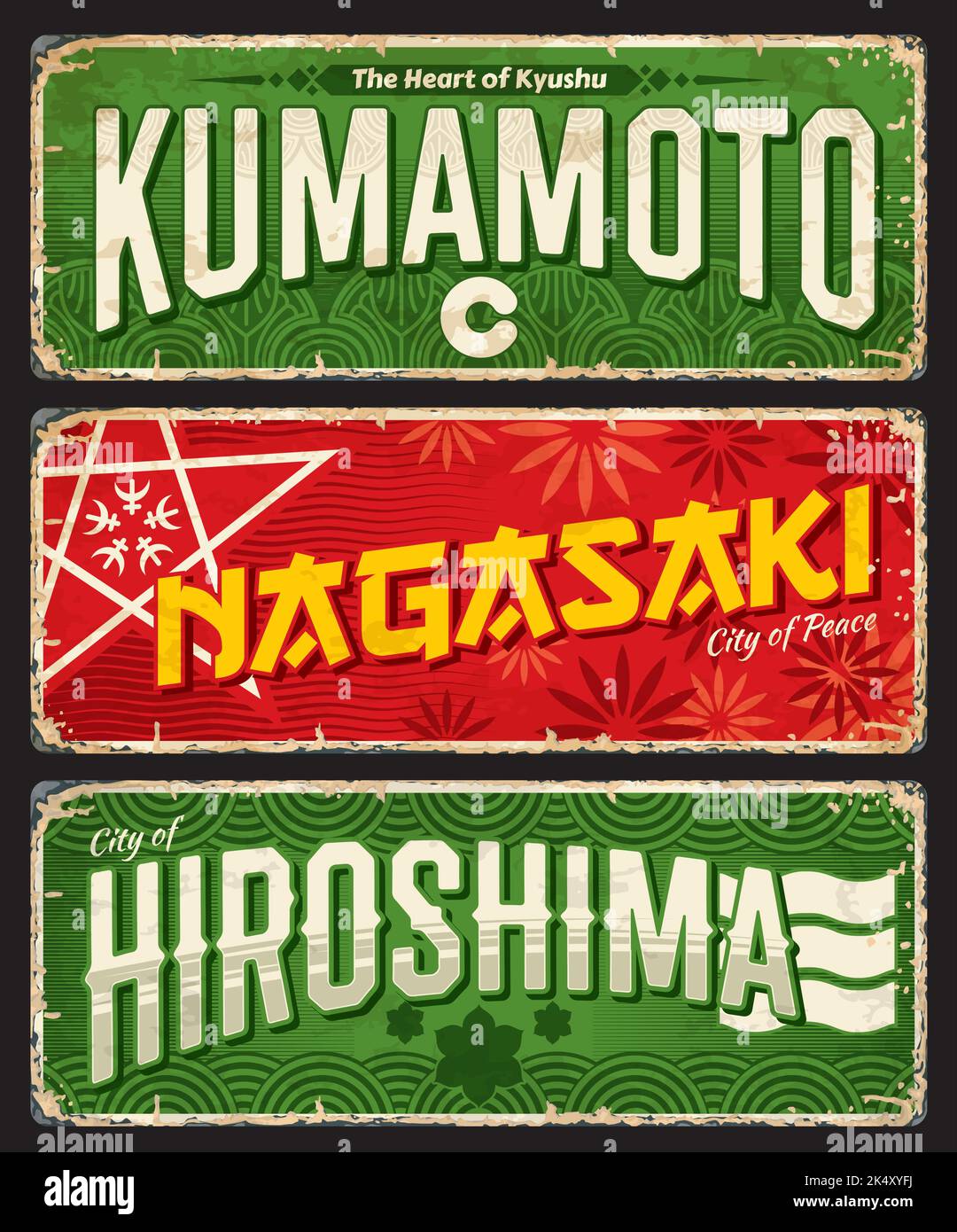 Nagasaki, Kumamoto, Hiroshima japanese travel plate. Japan city ...