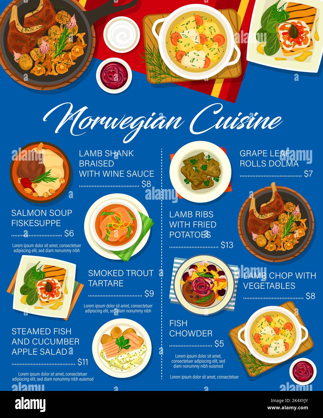 Norwegian cuisine menu vector design with meat, fish and vegetable food ...