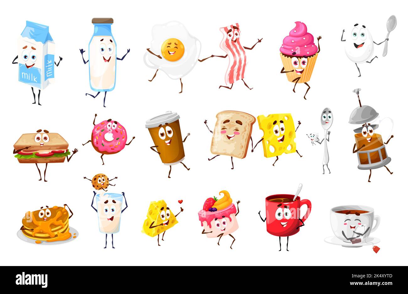 Funny cartoon breakfast food and drinks characters. Milk, scrambled egg ...