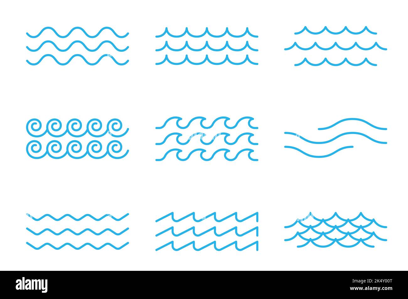 Outline sea and ocean surf wave icons, blue water or marine tide ...