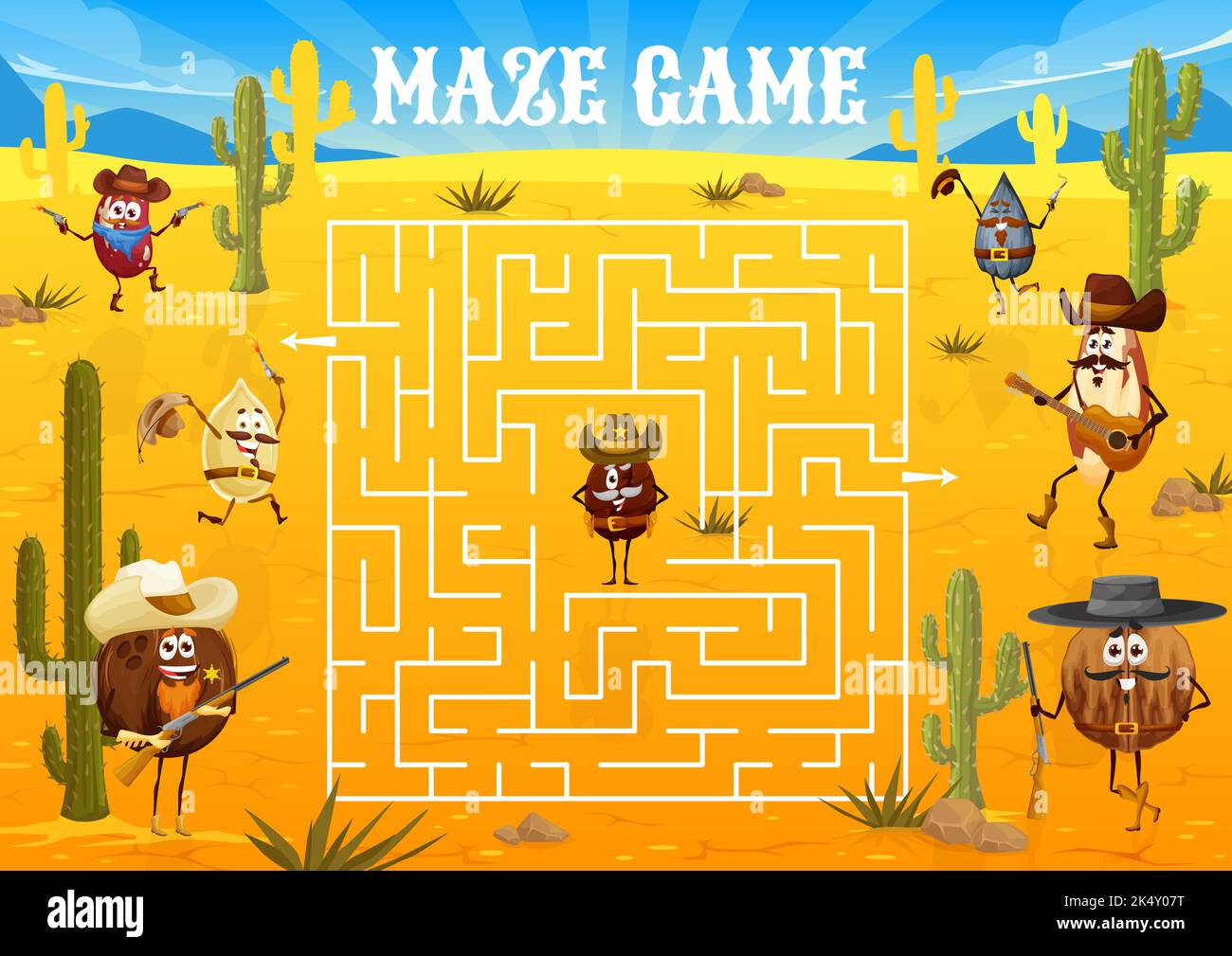 Wild west labyrinth maze quiz. Cartoon cowboy, bandit and ranger nut ...