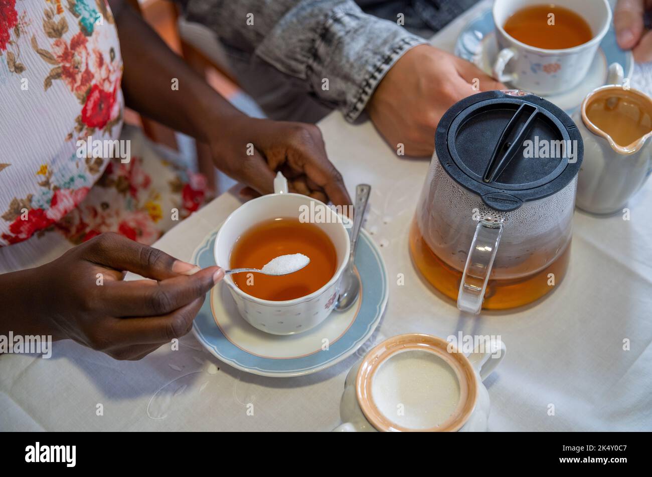 Young woman adding sugar to her tea. Using antique tea set Stock Photo ...
