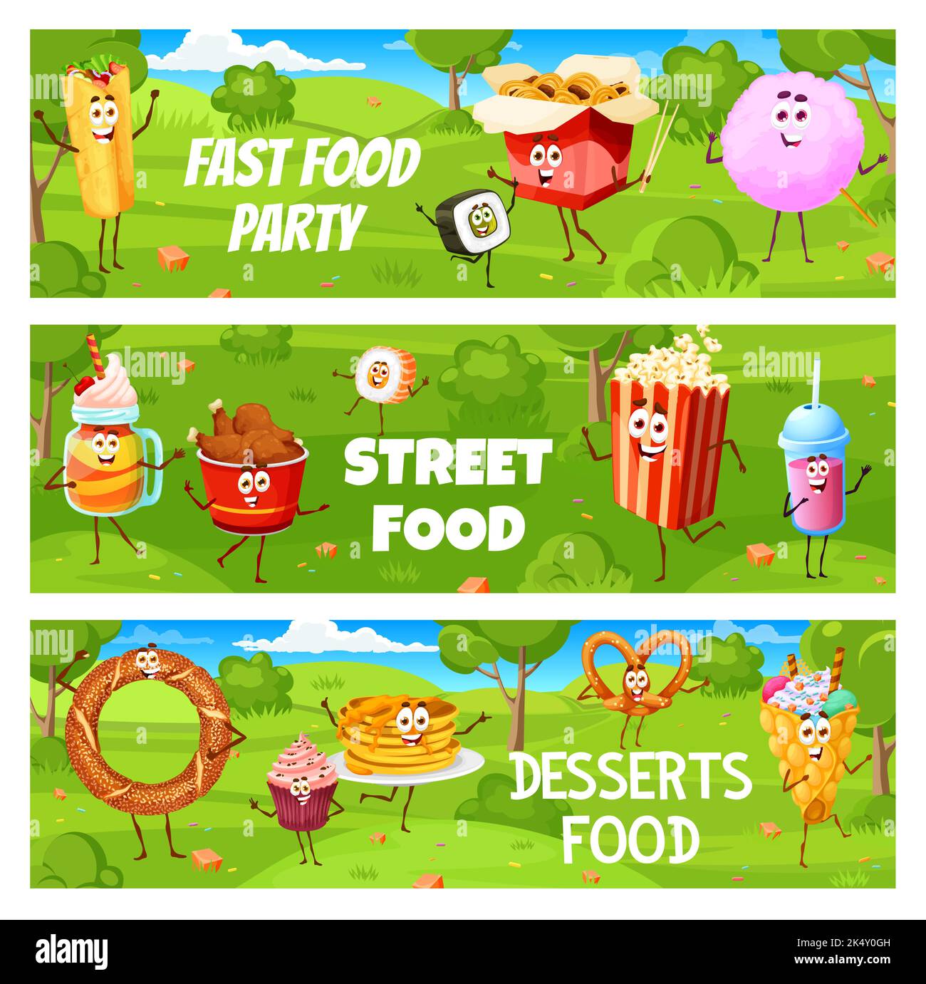 Cartoon fast food and desserts characters on summer party. Fastfood ...
