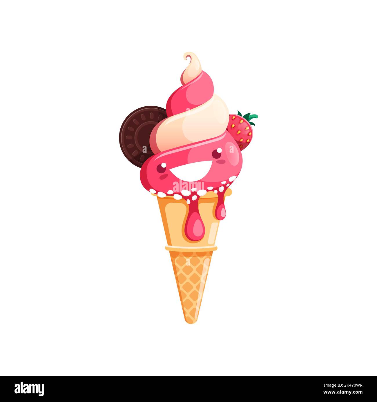 Cartoon ice cream dessert character, kawaii waffle cone personage with ...