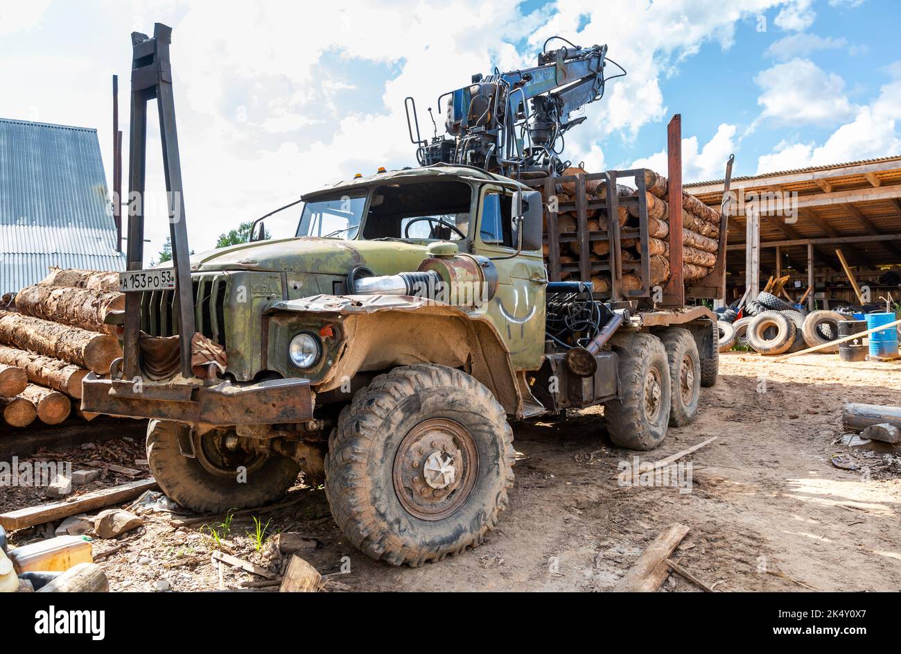 Novgorod, Russia - July 26, 2022: Old logging truck loaded with sawn ...