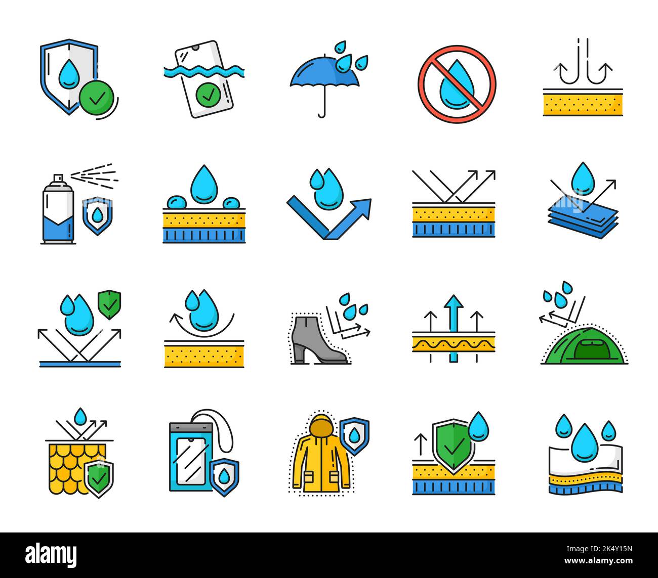 Waterproof icons of water proof fabrics, color line symbols of drops ...