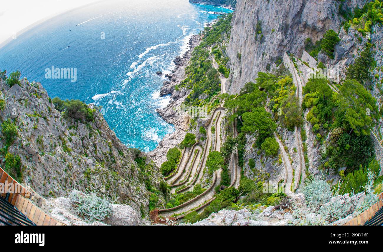 Spectacular view from above in Capri Italy of a very narrow winding ...