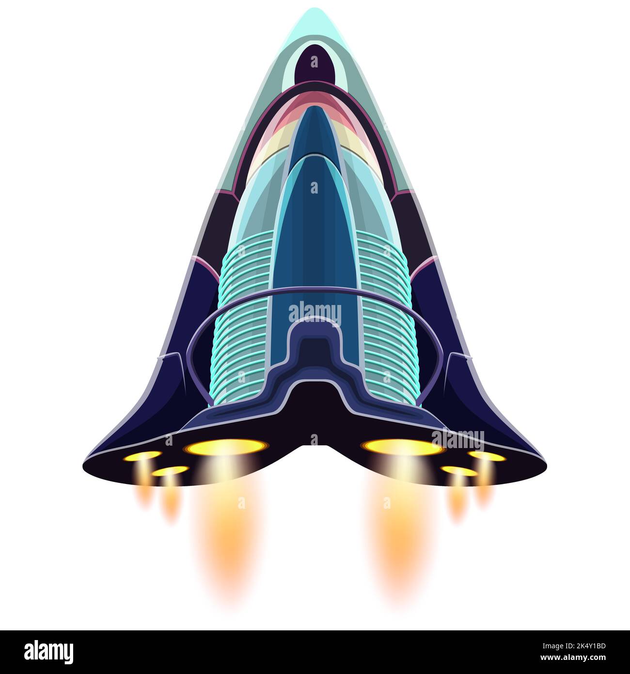 Cartoon futuristic spaceship with flame from nozzles isolated on white ...