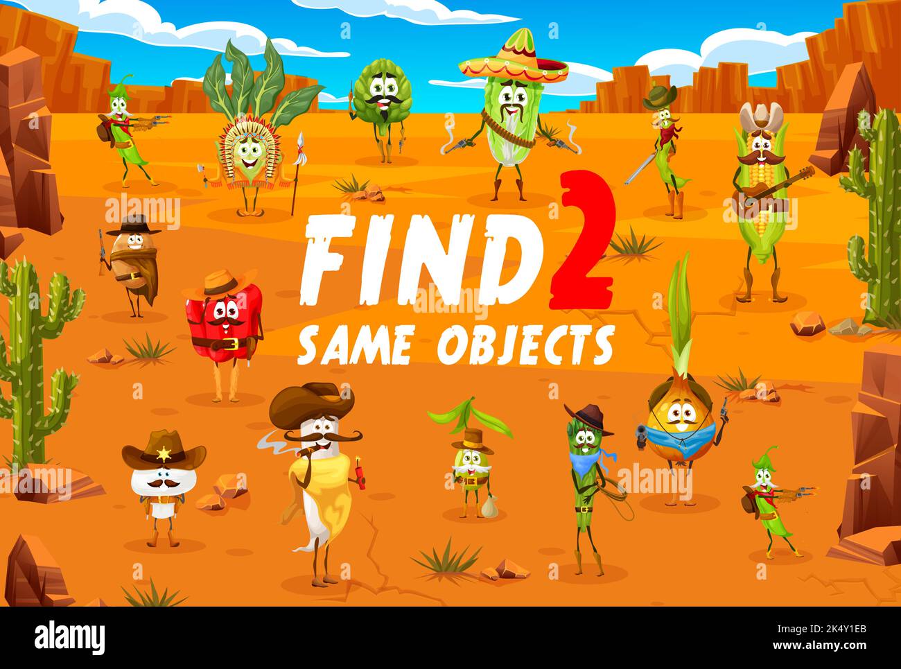 Find two same cartoon cowboy, sheriff, indian and bandit vegetable ...