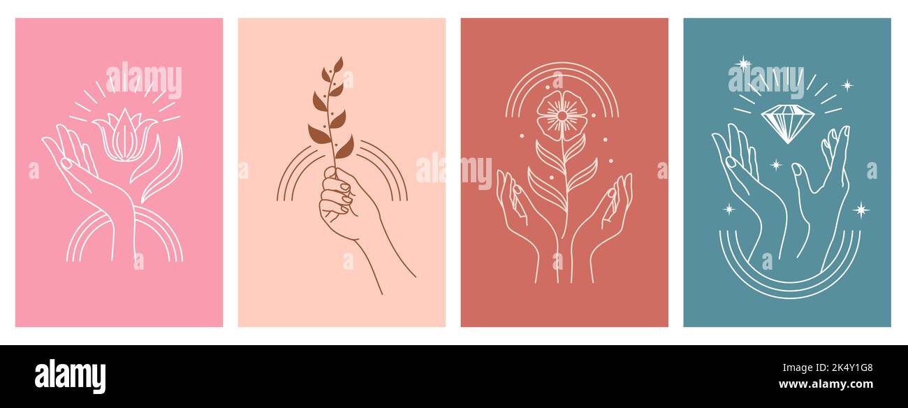 Cosmetic and SPA icons with woman hands, sun, flower, gem and moon in ...