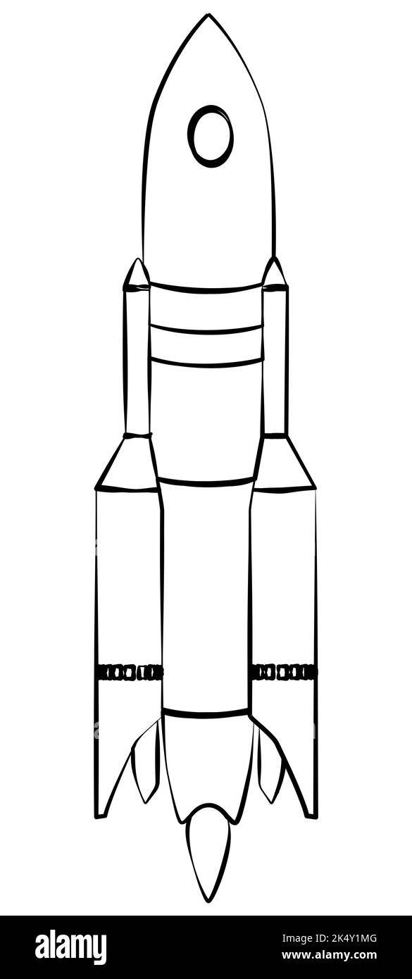 Black outline space rocket with flame from nozzles isolated on white ...